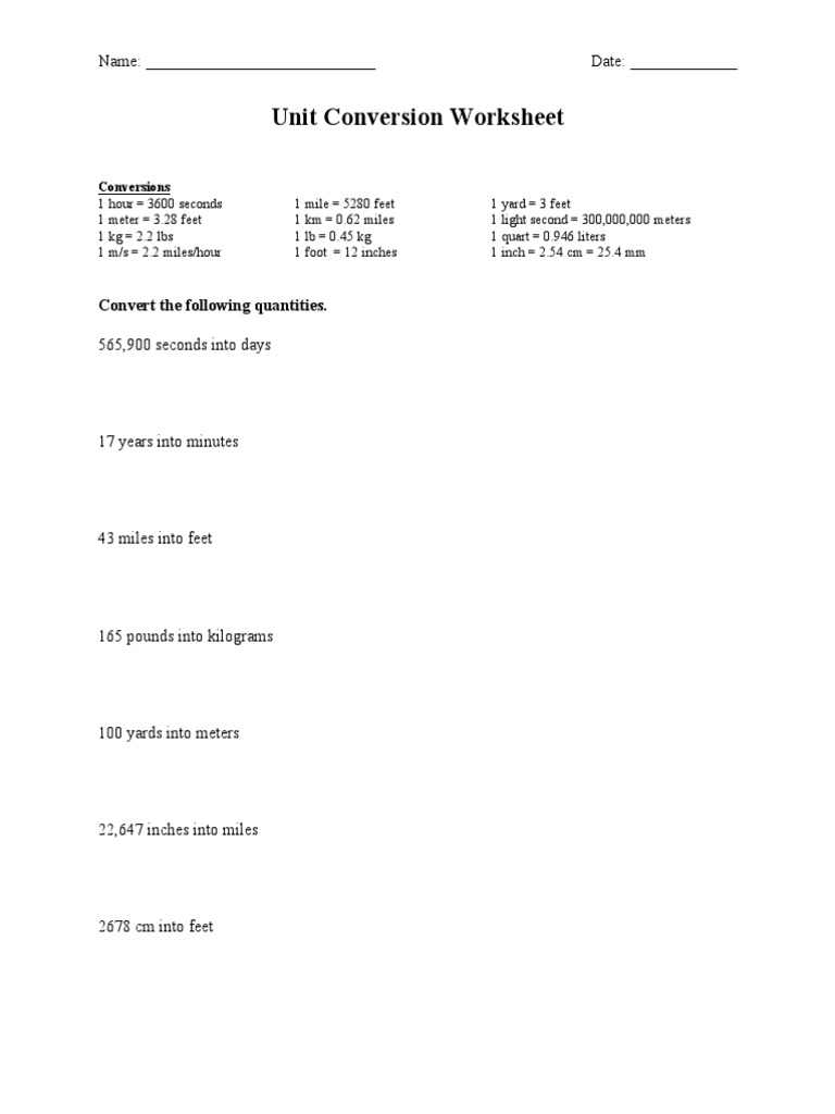 Unit Conversion Worksheet: Name: - Date | PDF