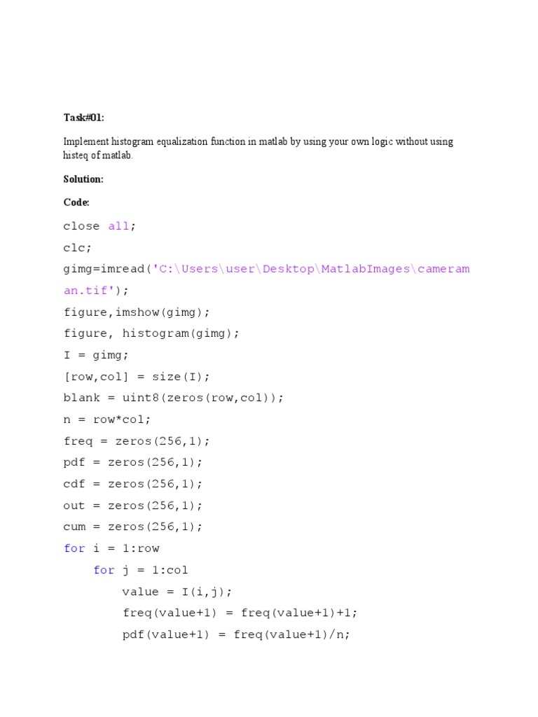 MATLAB Histogram Equalization Guide | PDF