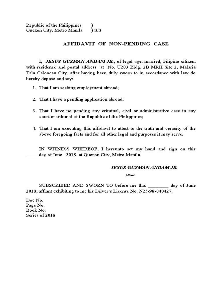 Affidavit of Non-Pending Case: Affiant | PDF