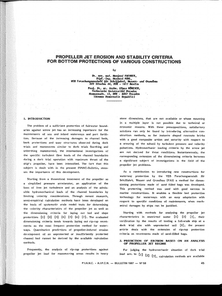 PIANC58 - Propeller Jet Erosion and Stability Criteria (Fuehrer) | PDF