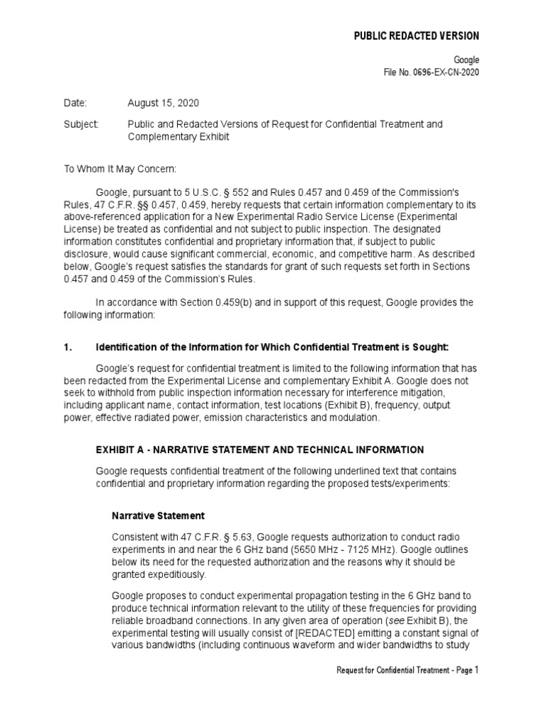 Google's Redacted Version of Letter To The FCC | PDF | Trade Secret | Radio