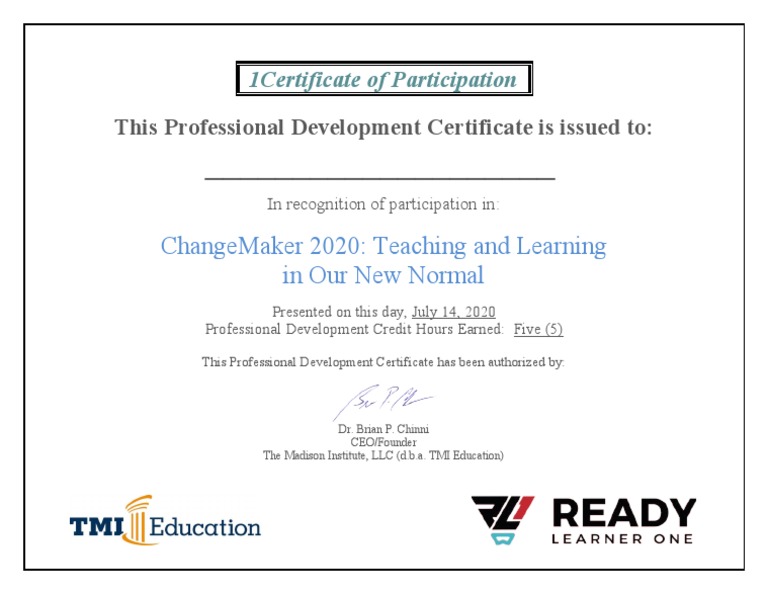 ChangeMaker 2020 PD Certificate | PDF | Career & Growth | Business