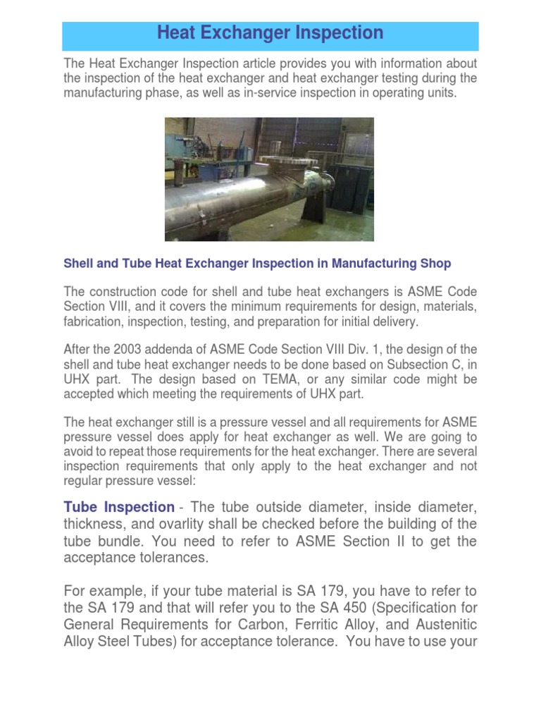 Heat Exchanger Inspection PDF | PDF | Pipe (Fluid Conveyance) | Corrosion