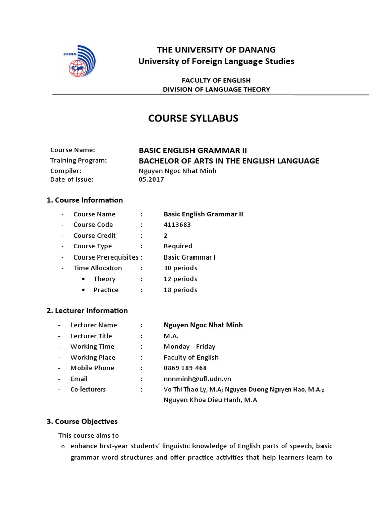 Course Syllabus - Basic Grammar 2 | PDF | Lecture | Phrase