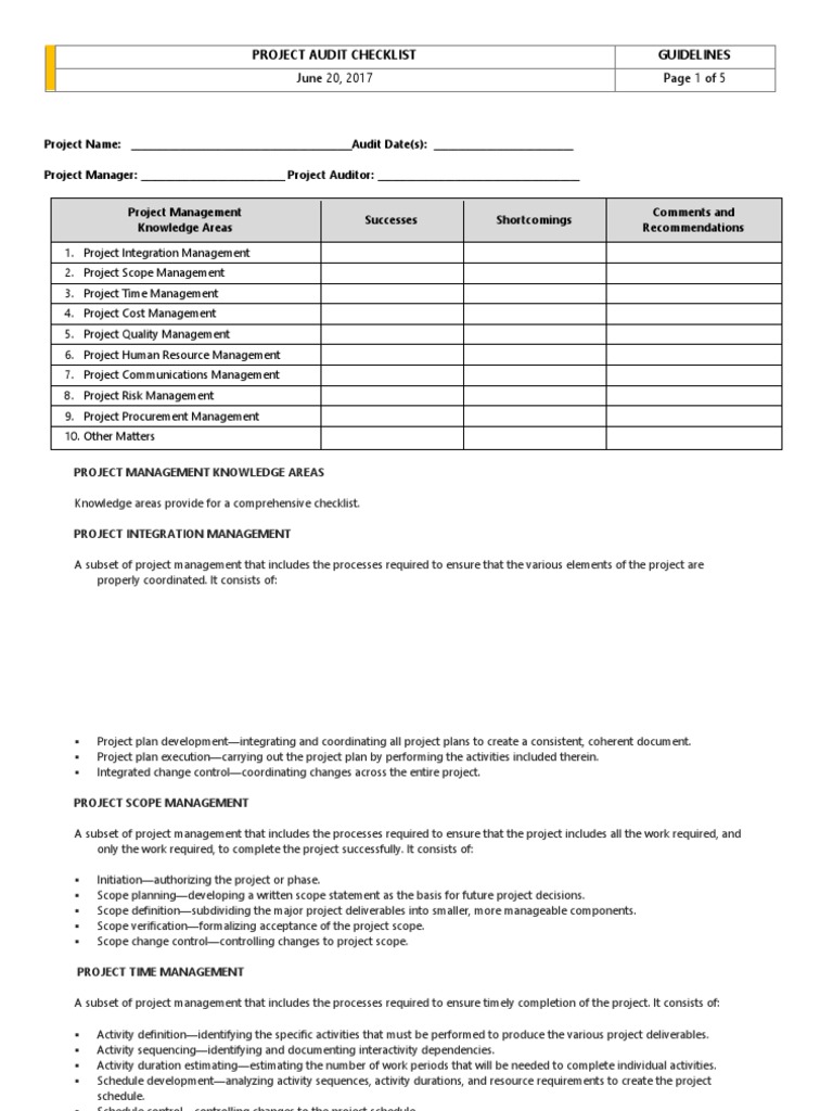 Project Audit Checklist Guidelines | PDF | Project Management | Risk ...