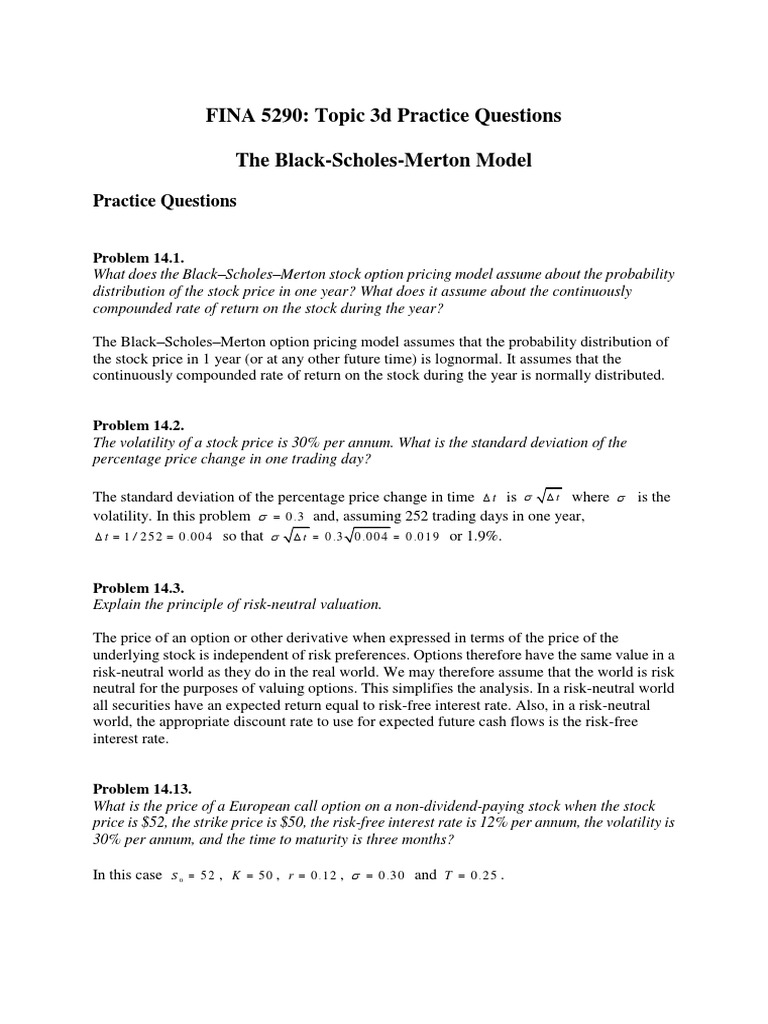 Black-Scholes-Merton Practice Questions | PDF | Black–Scholes Model ...