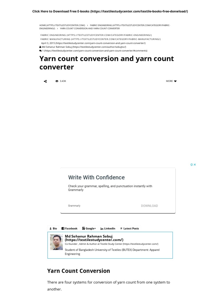 Yarn Count Conversion and Yarn Count Converter - Textile Study Center | PDF