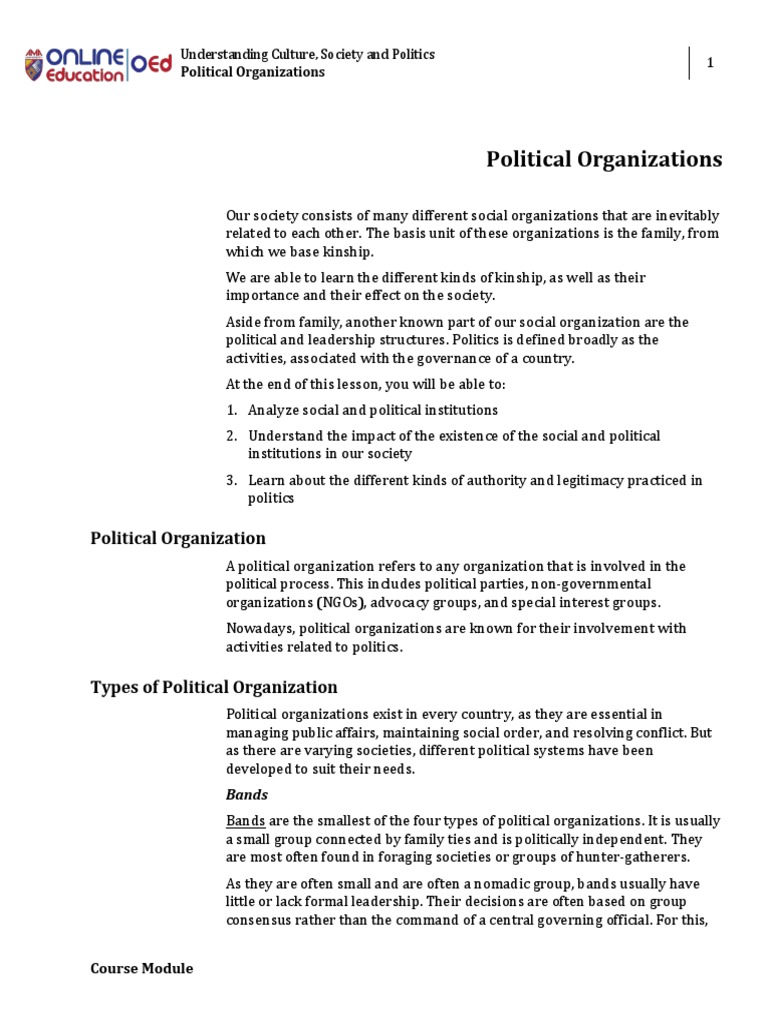 Types of Political Organizations | PDF | Legitimacy (Political ...