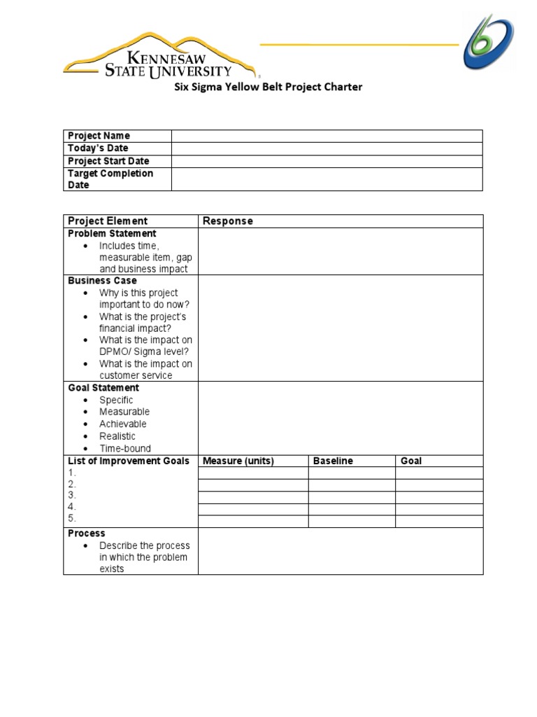Six Sigma Yellow Belt Project Charter Template | PDF | Six Sigma | Goal