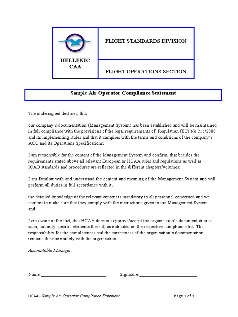 HCAA Sample Air Operator Compliance Statement | PDF