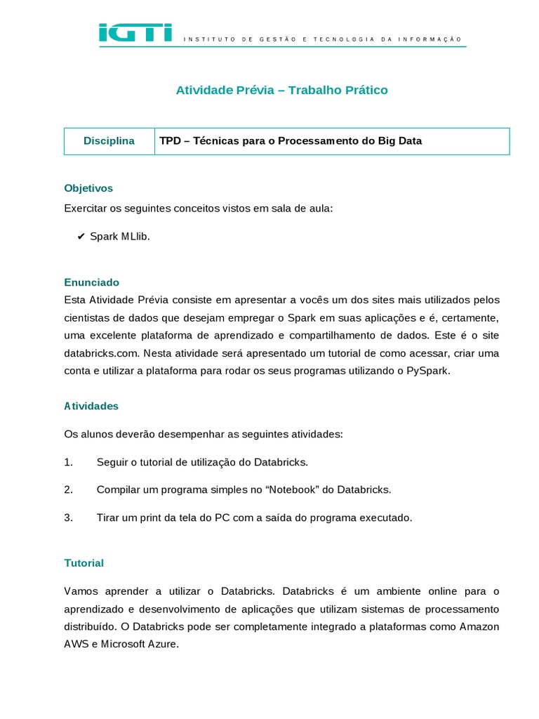 Tutorial - Databricks - TPD | PDF | Aprendizado | Informática Tutorial - Databricks - TPD | PDF | Aprendizado | Informática