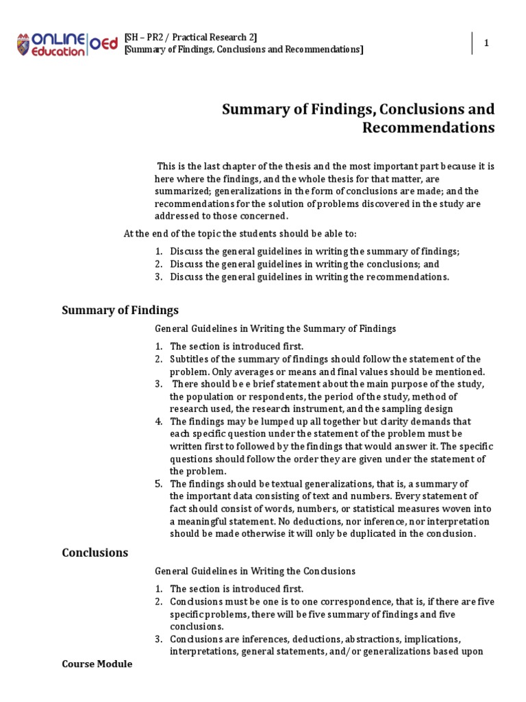 Lesson 18 Summary of Findings, Conclusion and Recommendations | PDF ...