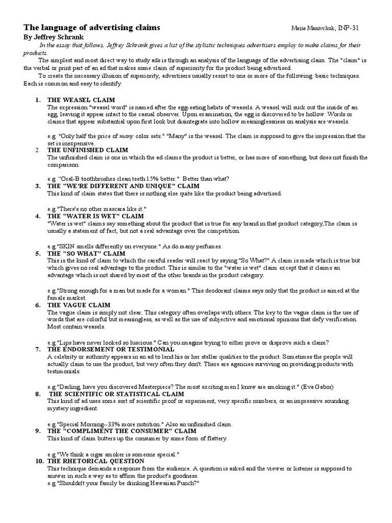 Advertising Claims and Techniques | PDF | Communication