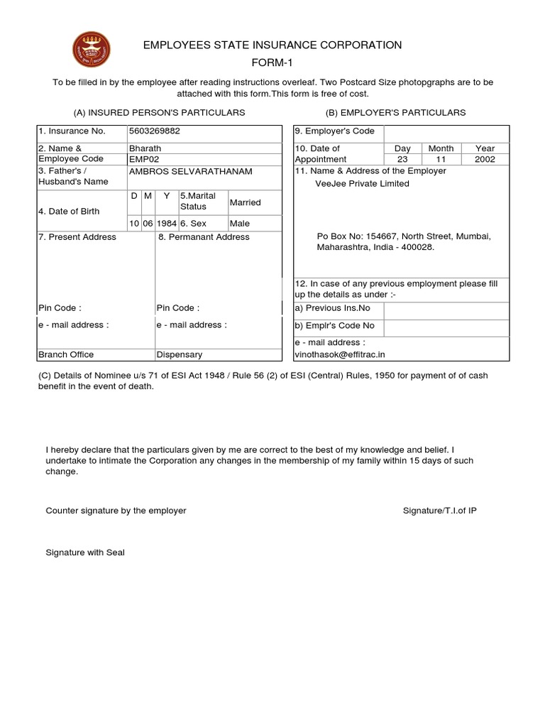 ESI Nomination Form1 EMP02 PDF | PDF | Government | Business
