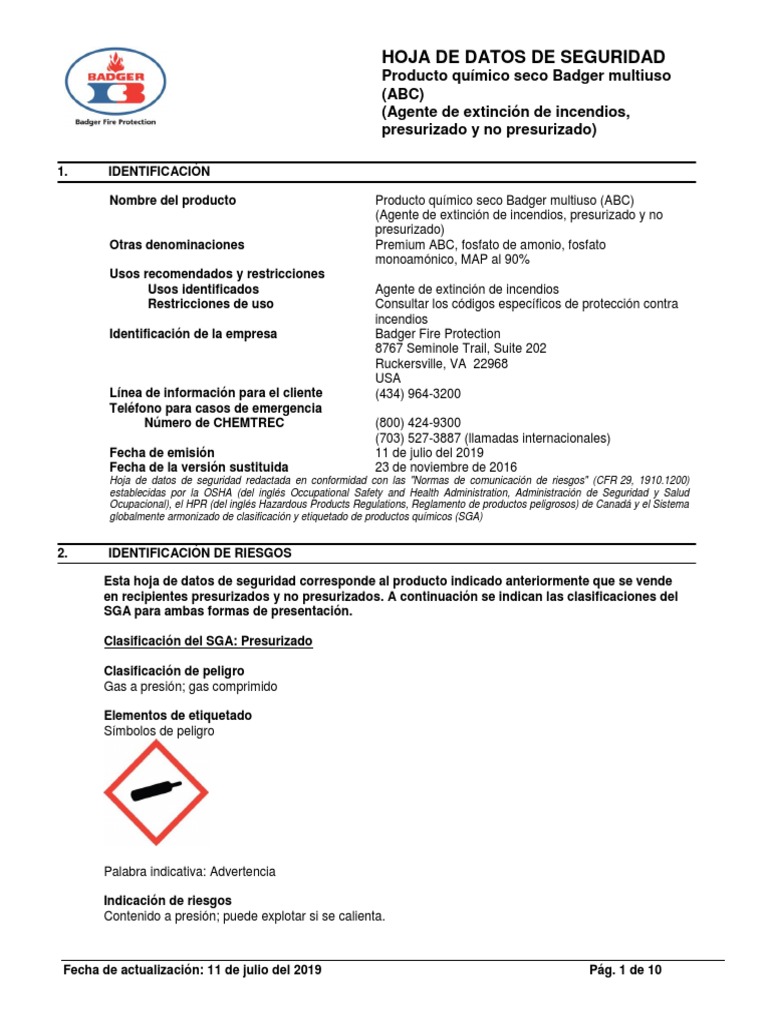 Badger - Badger Multipurpose ABC Dry Chemical - GHS - SP PDF | PDF | Administración de Seguridad ...