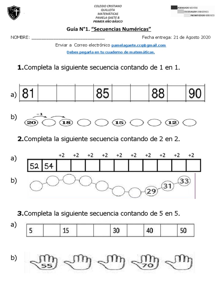 1° Básico. Guía N°1 - Secuencias Numericas. 21 de Agosto. | PDF