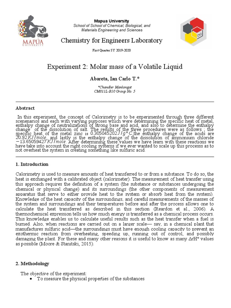 Experiment 2: Molar Mass of A Volatile Liquid: Chemistry For Engineers ...