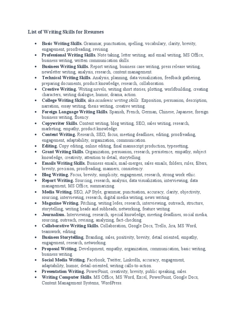 List of Writing Skills For Resumes | PDF | Editing | Proofreading