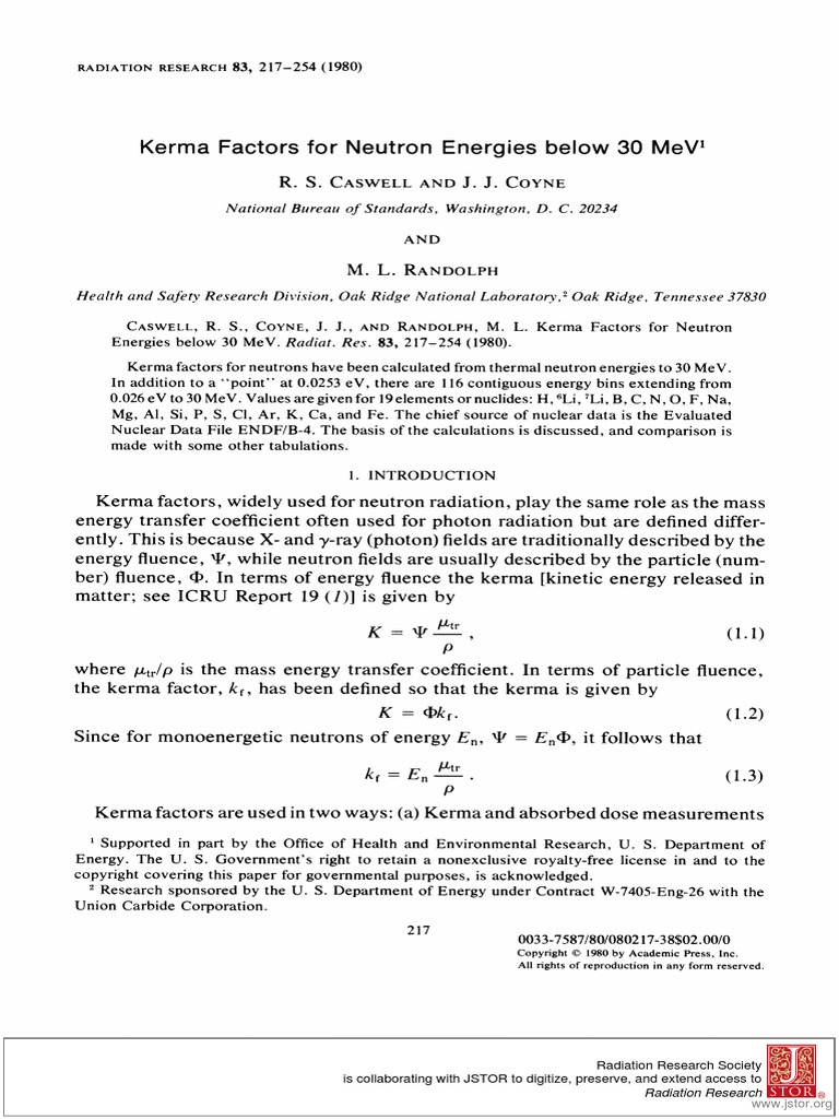 Kerma Factors For Neutron Energies Below 30 Mev1: M. L. Randolph | PDF ...
