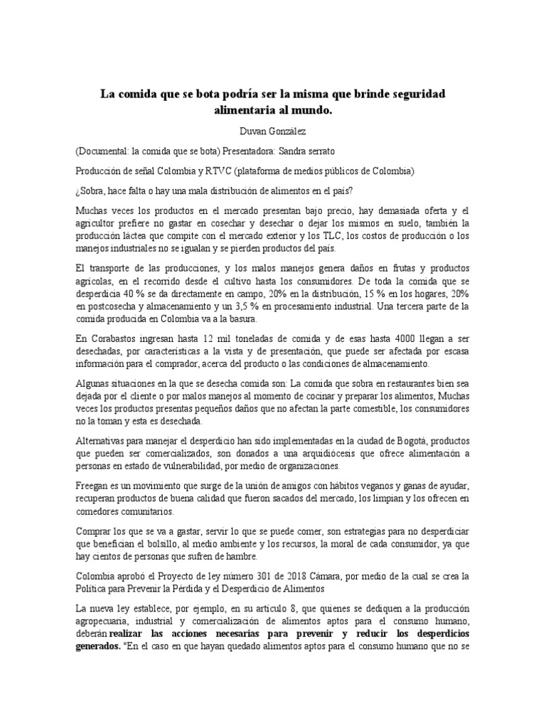 Reseña La Comida Que Se Bota, Gonzalez Duvan | PDF | Alimentos ...