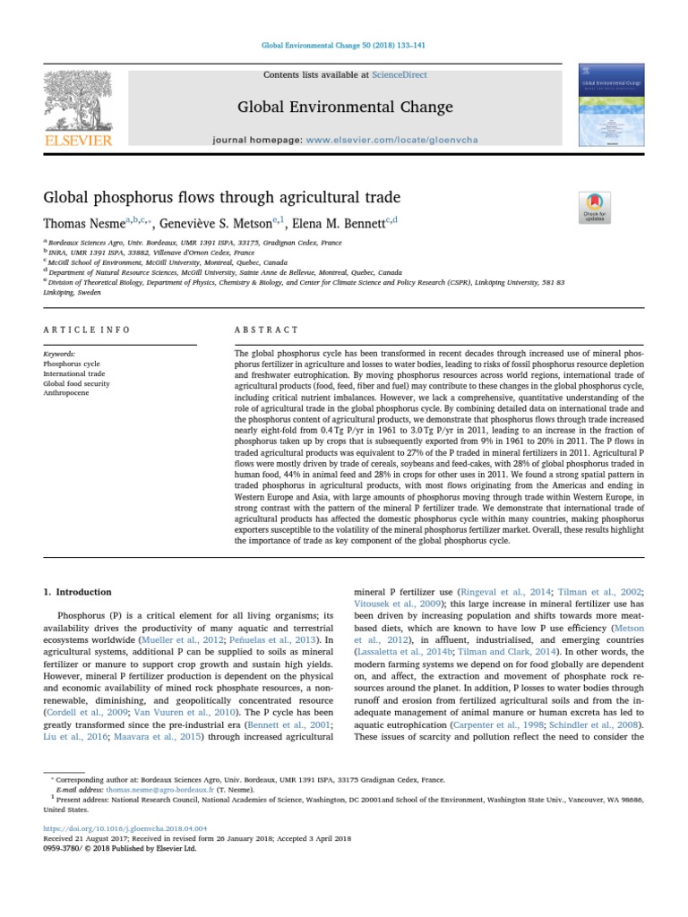 Global Environmental Change: Thomas Nesme, Geneviève S. Metson, Elena M ...