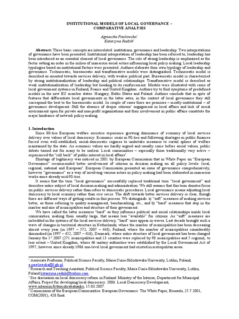 Institutional Models of Local Governance - Comparative Analysis | PDF ...