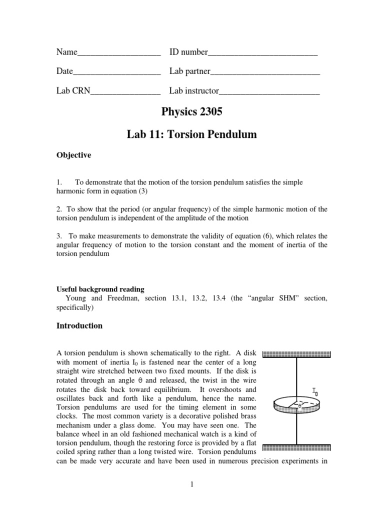 Physics 2305 Lab 11: Torsion Pendulum | PDF | Pendulum | Rotation ...