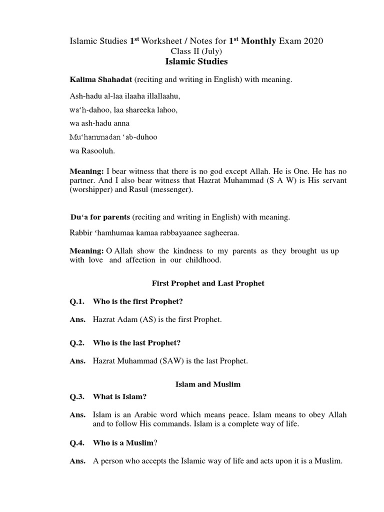 Islamic Studies 1 Worksheet / Notes For 1 Class | PDF | Prophets And ...