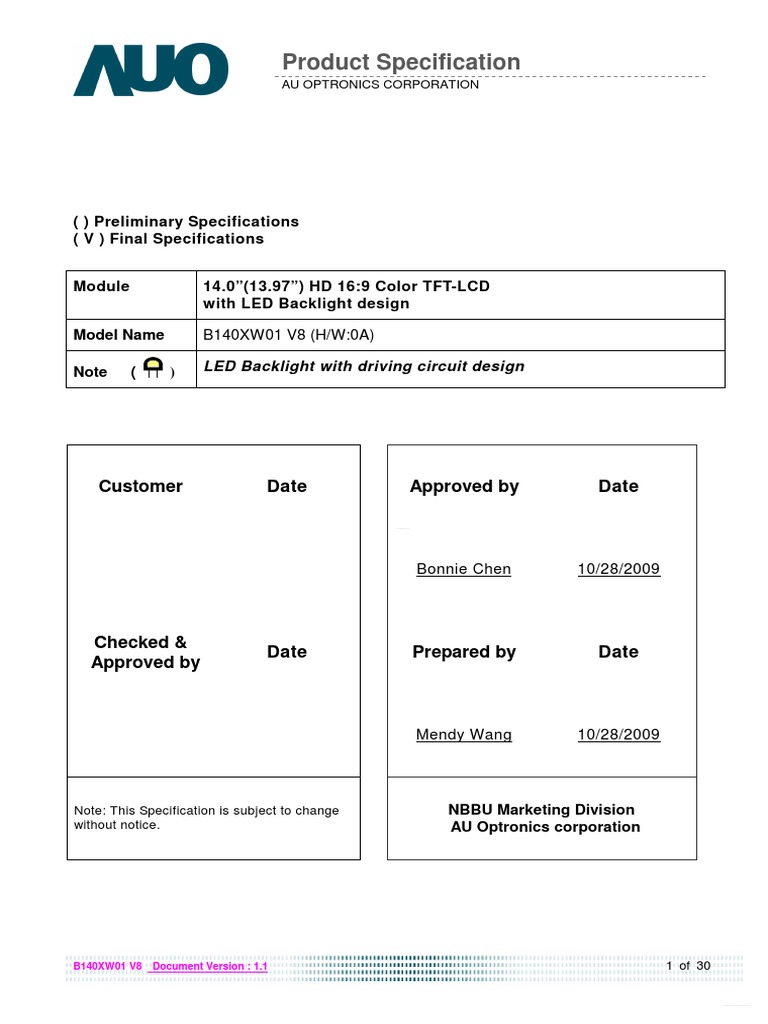 Product Specification: Customer Date Approved by Date | PDF | Thin Film ...