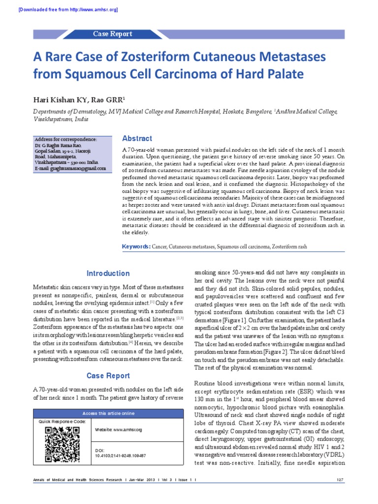 Zosteriform Metastases in Skin Cancer | PDF | Metastasis | Carcinoma