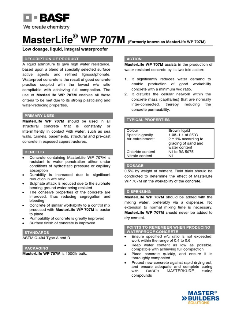 Masterlife WP 707m tds-3 | Download Free PDF | Concrete | Materials