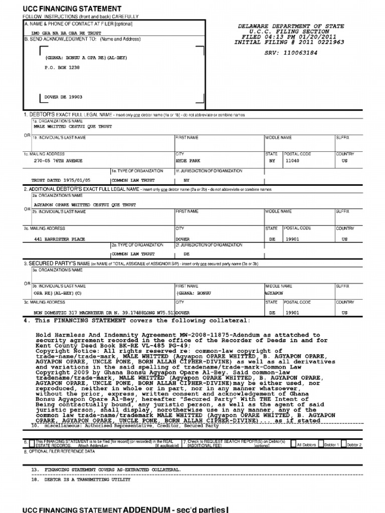 UCC Financing Statement On Record With The Delaware State Secretary's ...