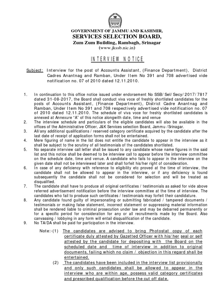 Interview Notice: Services Selection Board | PDF | Government