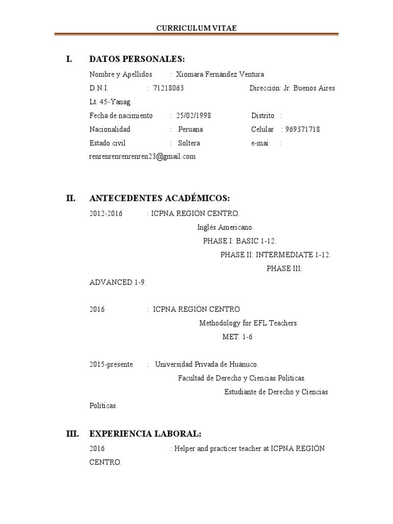 I. Datos Personales:: Curriculum Vitae | PDF | Crecimiento personal y ...