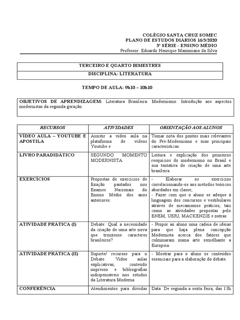 Plano de Ação - 3º ANO ENSINO MÉDIO (LITERATURA E REDAÇÃO) | PDF ...