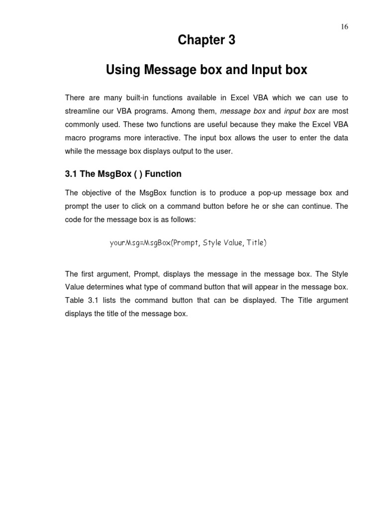 Using Message Box and Input Box: 3.1 The Msgbox Function | PDF