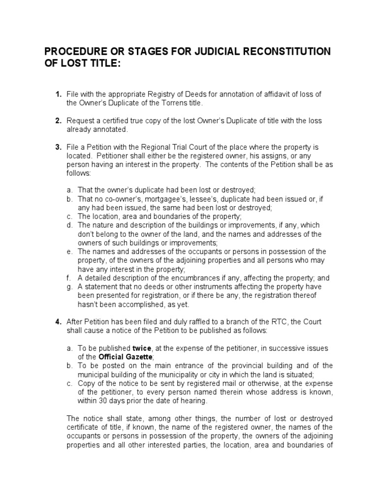 Judicial Reconstitution of Lost Title | PDF | Title (Property) | Deed