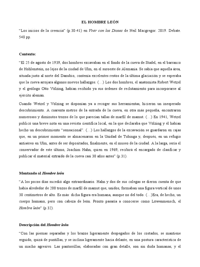 El Hombre León: Arte y Mito Prehistórico | PDF | León | Homo Sapiens