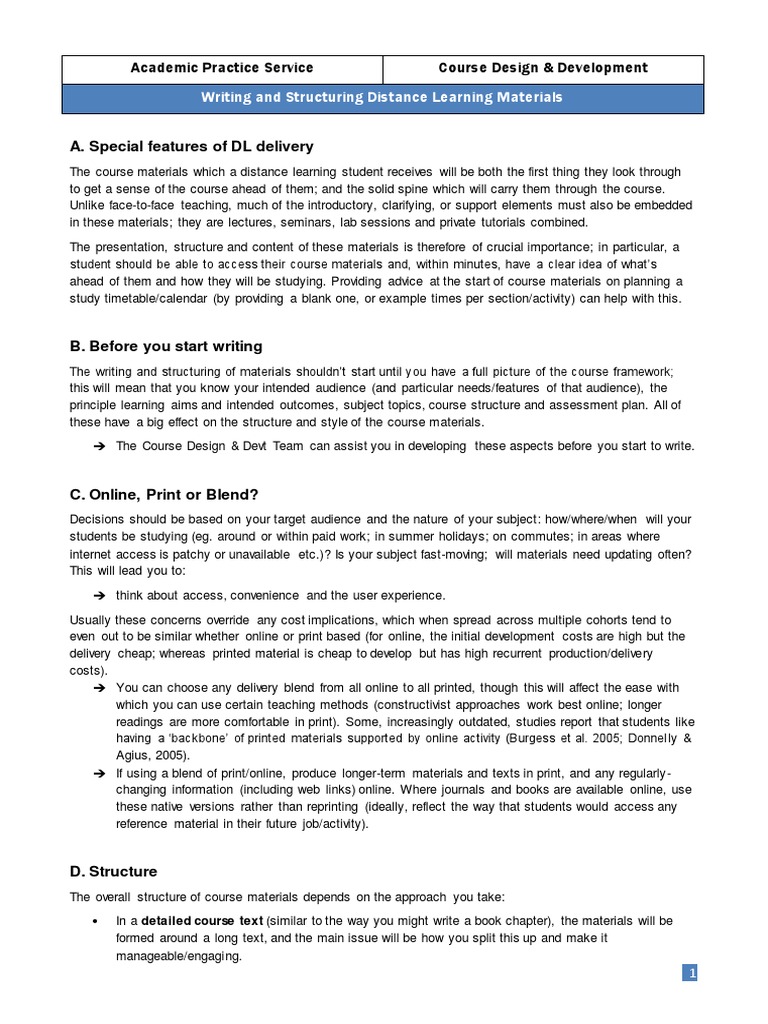 Writing and Structuring Distance Learner Materials | PDF | Distance ...