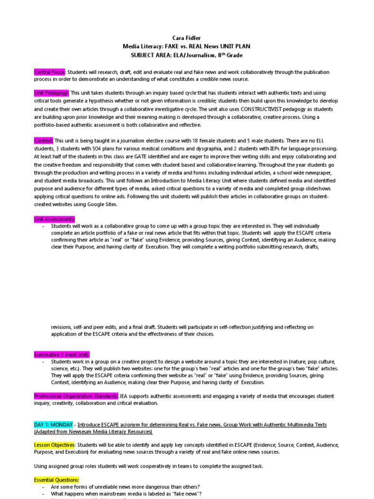 Cara Fidler Media Literacy: FAKE vs. REAL News UNIT PLAN SUBJECT AREA ...