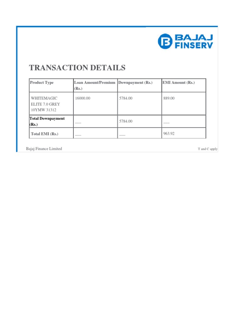 Transaction Details: Product Type Loan Amount/Premium (RS.) Downpayment ...