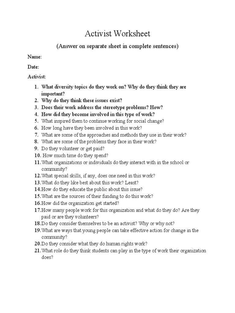 Activist Worksheet: (Answer On Separate Sheet in Complete Sentences) | PDF