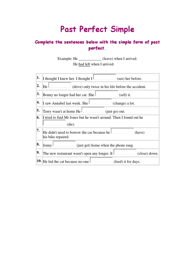 Complete The Sentences Below With The Simple Form of Past Perfect | PDF
