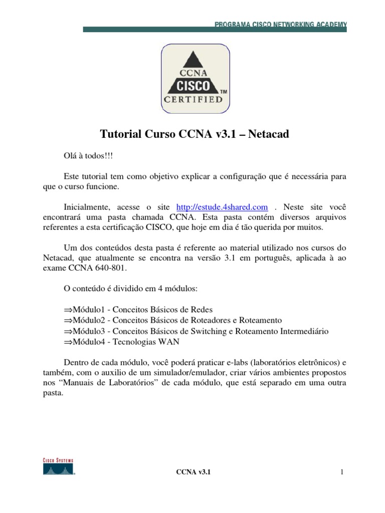 Tutorial Curso Cisco CCNA v3.1 - Netacad | PDF | Roteamento | Informática