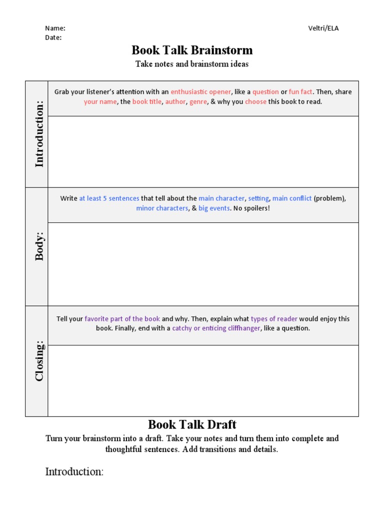 Book Talk Brainstorm: Take Notes and Brainstorm Ideas | PDF ...