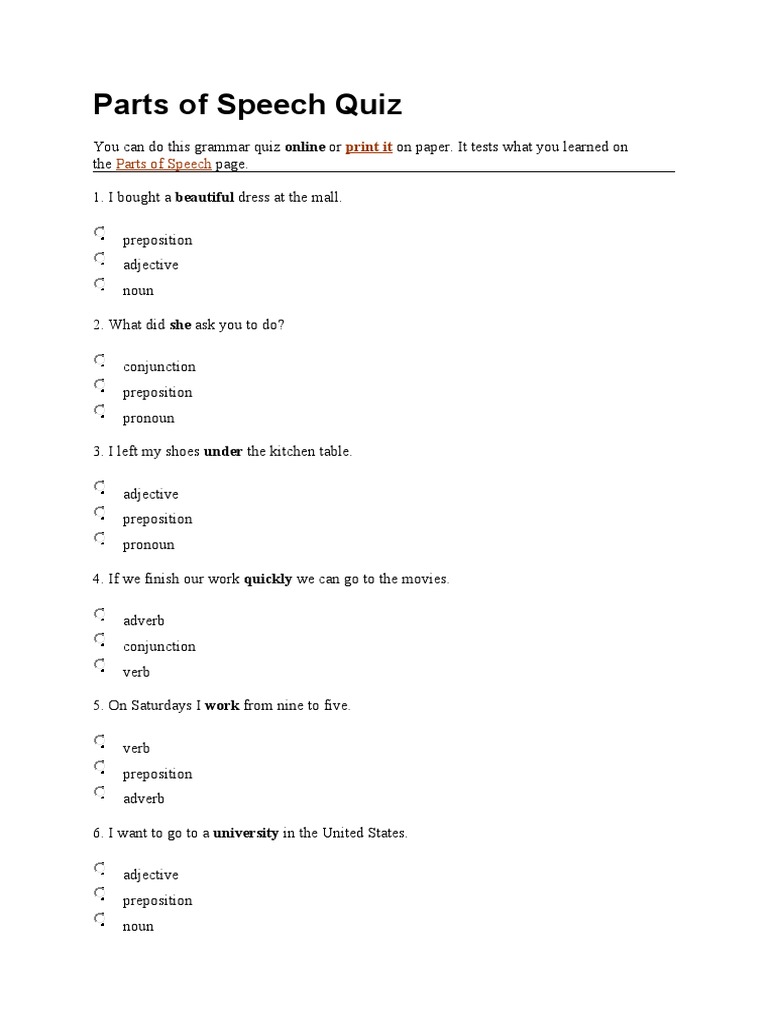 Parts of Speech Quiz | PDF