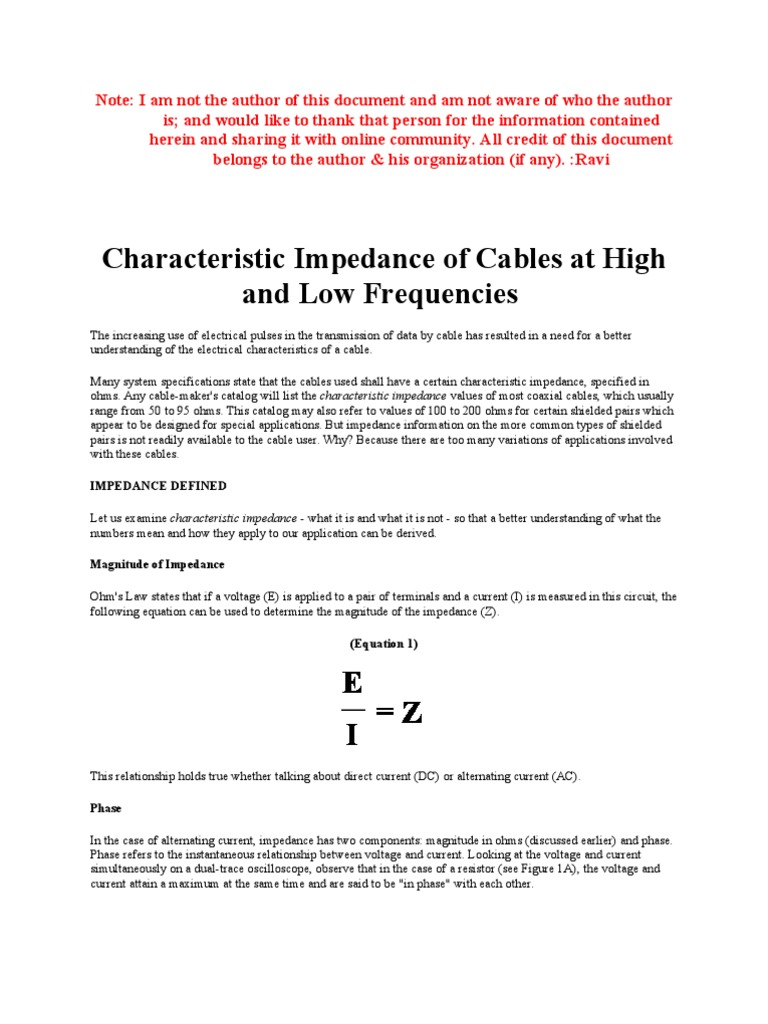 Characteristic Impedance of Cables at High and Low Frequencies | PDF ...