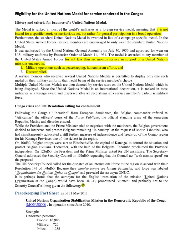 Eligibility For The United Nations Medal For Service Rendered in The ...