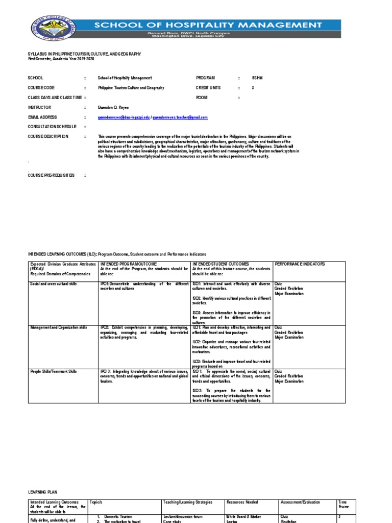 Philippine Tourism Syllabus Overview | PDF | Tourism | Rubric (Academic)