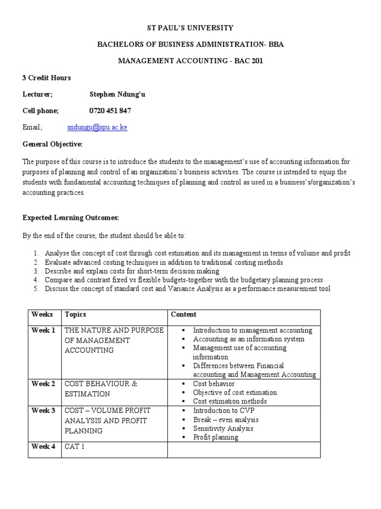 Bac 201 - Course Outline | PDF | Management Accounting | Cost Accounting